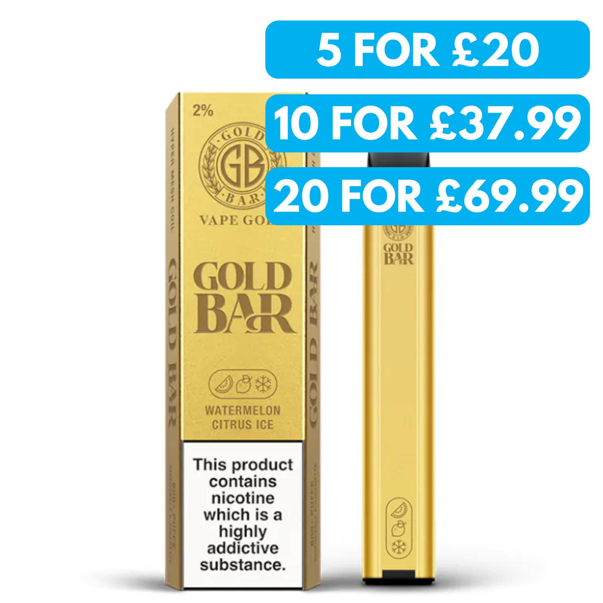 20mg (2%) Gold Bar Disposable Vape - 5 for £20 - Free 24hr Delivery ...