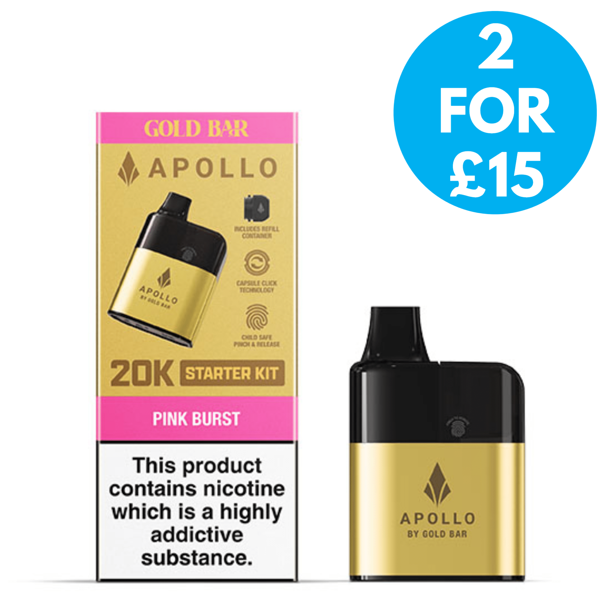 Vape Gold Bar Apollo 20k Prefilled Pod Vape Kit - 2 For £15 - VAPE.CO.UK