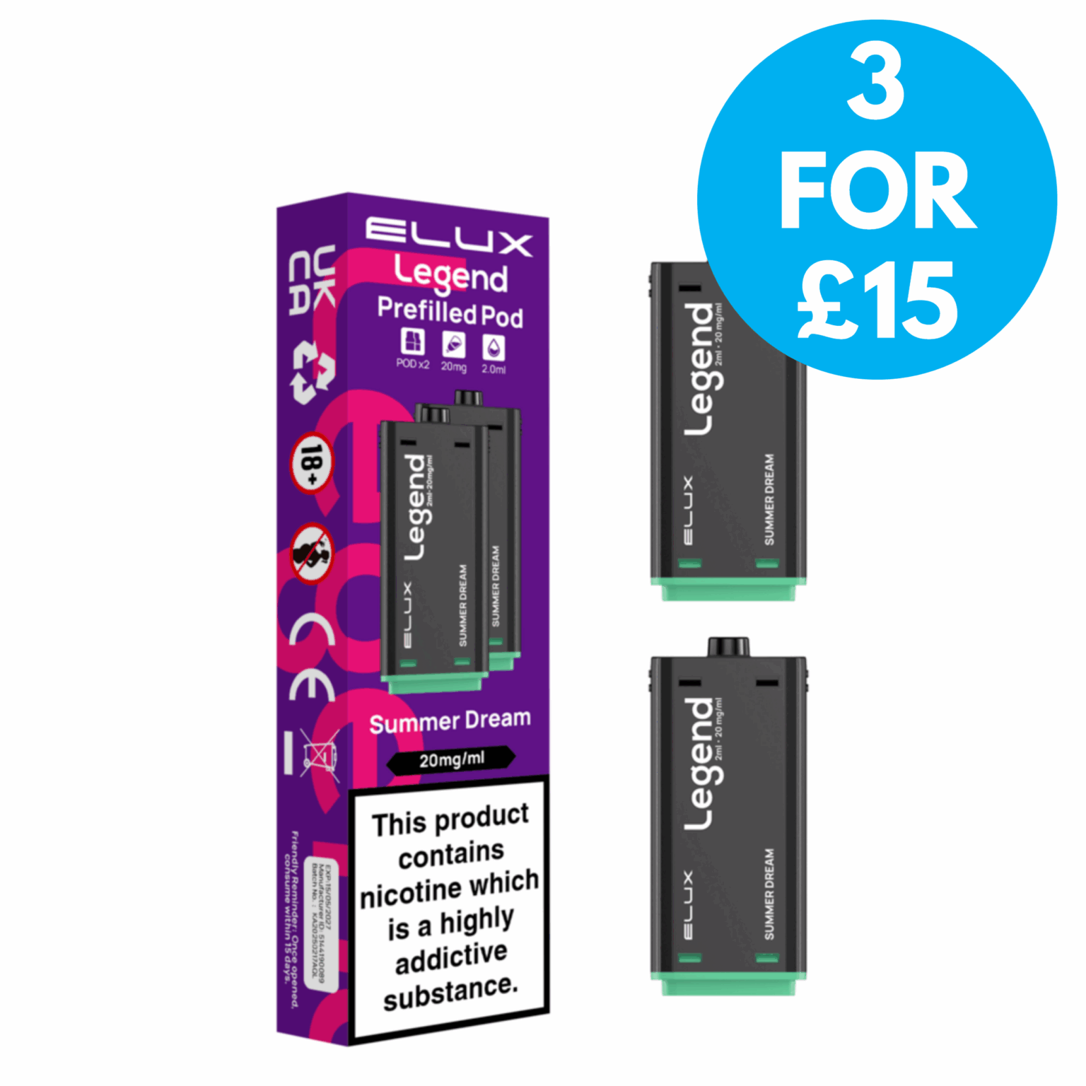 20mg Elux Legend 1500 Prefilled Replacement Pods - 3 For £15 - VAPE.CO.UK