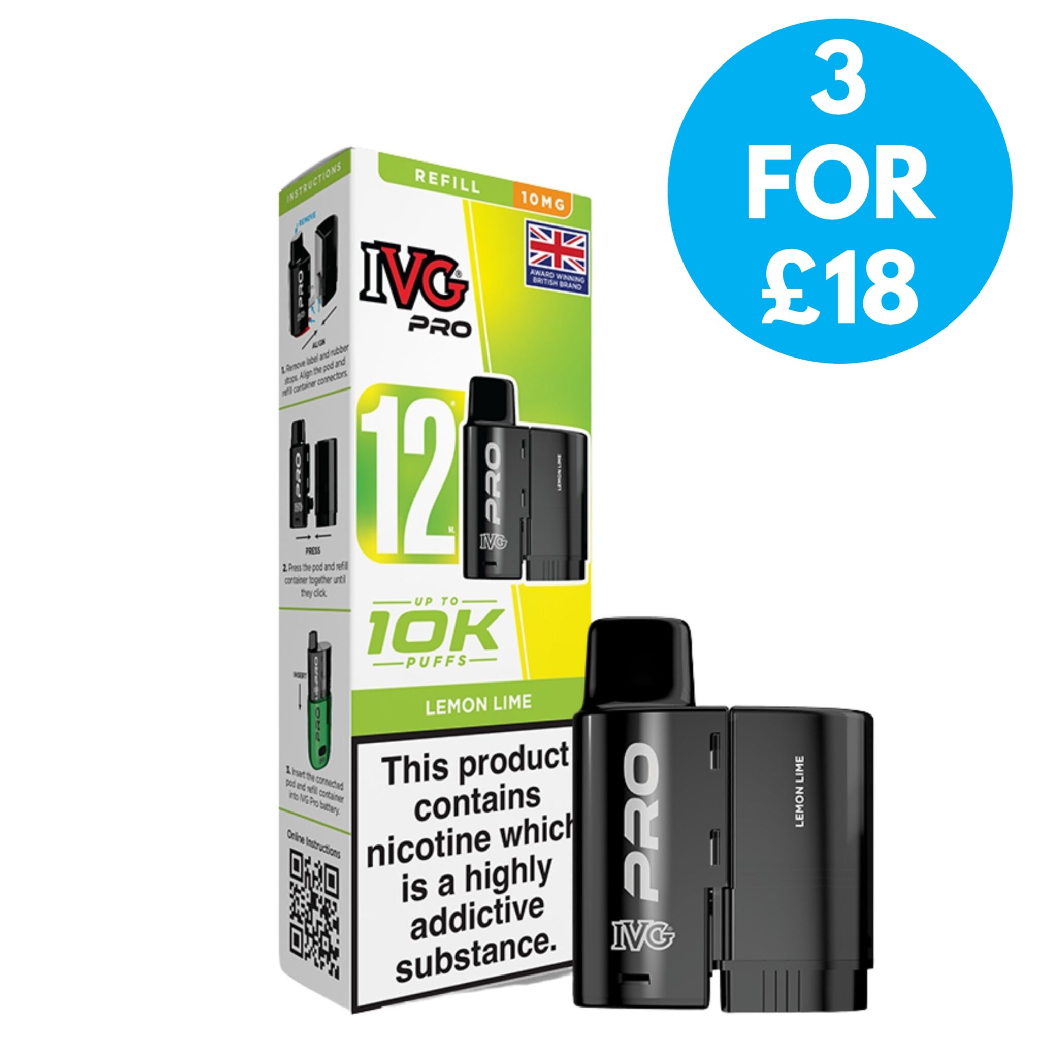 10mg (1%) IVG Pro 12 Refill Pack - 3 For £18 & A FREE KIT- VAPE.CO.UK