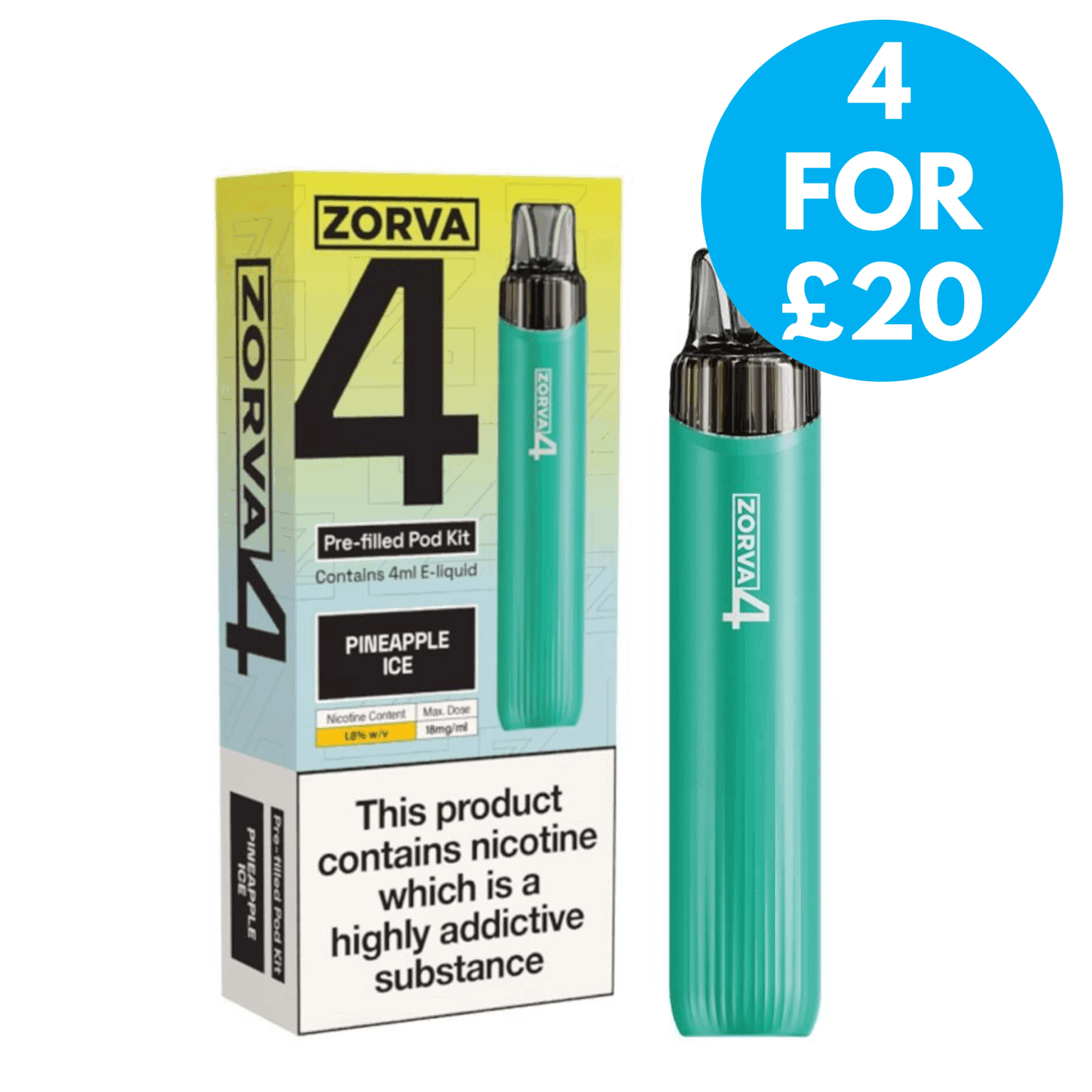 18mg (1.8%) Zorva 4 Prefilled Vape Kit - 4 For £20 - VAPE.CO.UK
